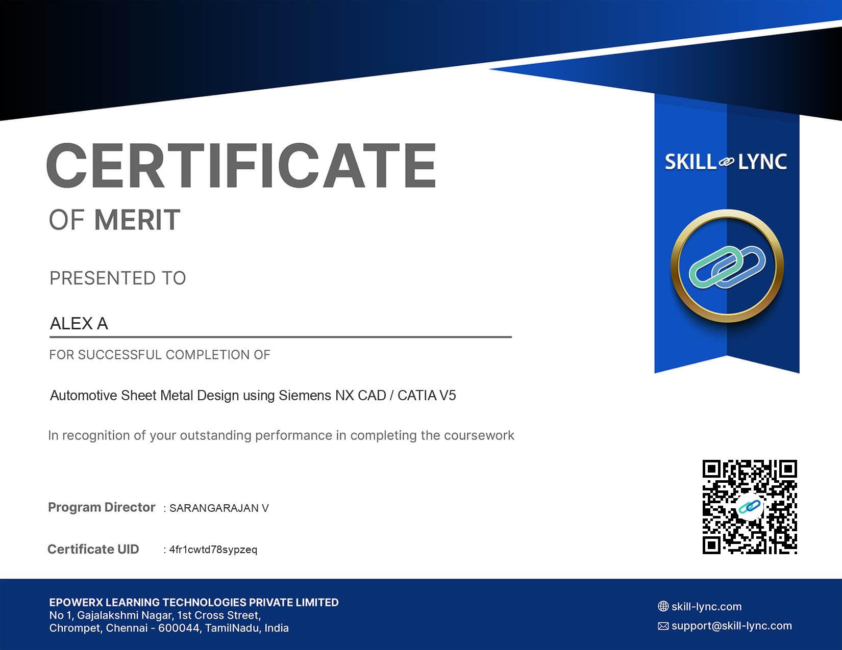 Alex A's course certificate - Skill-Lync