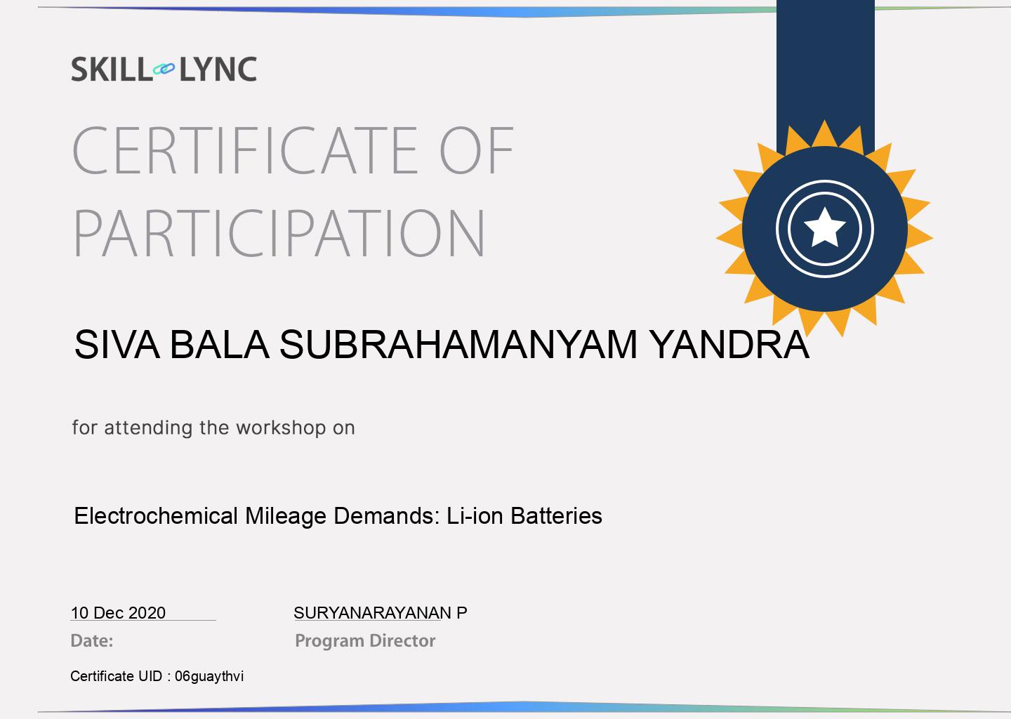 SIVA BALA SUBRAHAMANYAM YANDRA's Electrochemical Mileage Demands: Li ...