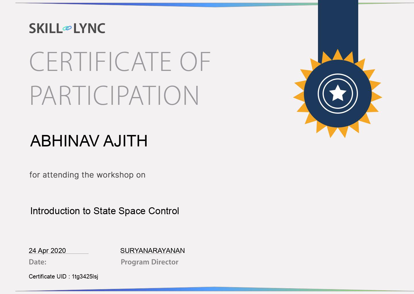 ABHINAV AJITH's Introduction to State Space Control workshop certificate - Skill-Lync