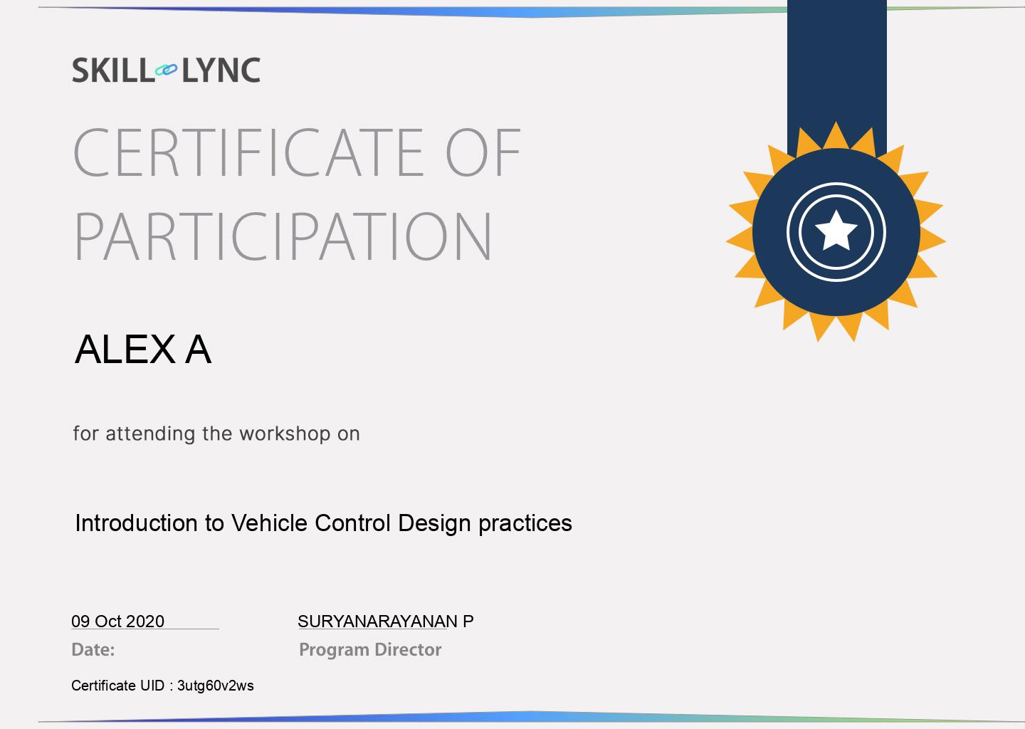 ALEX A's Introduction to Vehicle Control Design practices workshop certificate - Skill-Lync