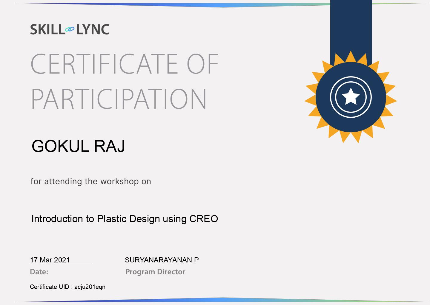 GOKUL RAJ's Introduction to Plastic Design using CREO workshop ...