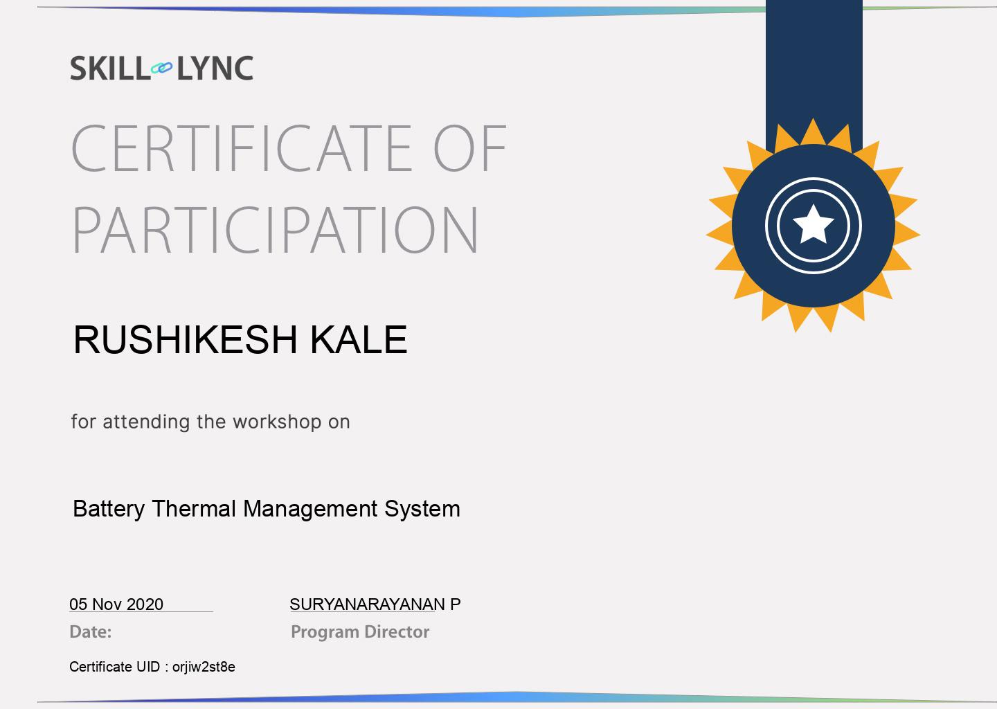 RUSHIKESH KALE's Battery Thermal Management System workshop certificate ...