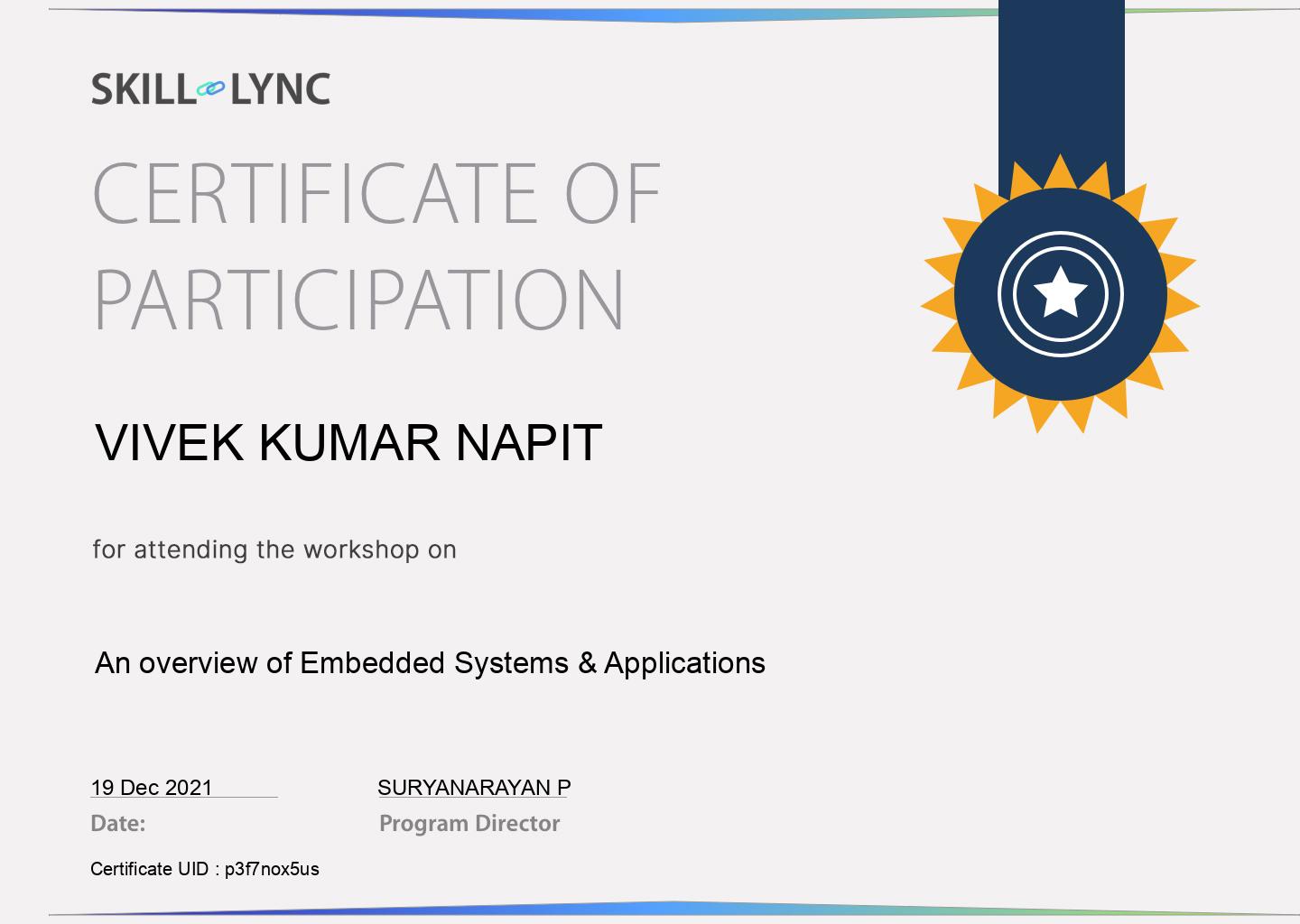 Vivek Kumar Napit's An overview of Embedded Systems & Applications workshop certificate - Skill-Lync